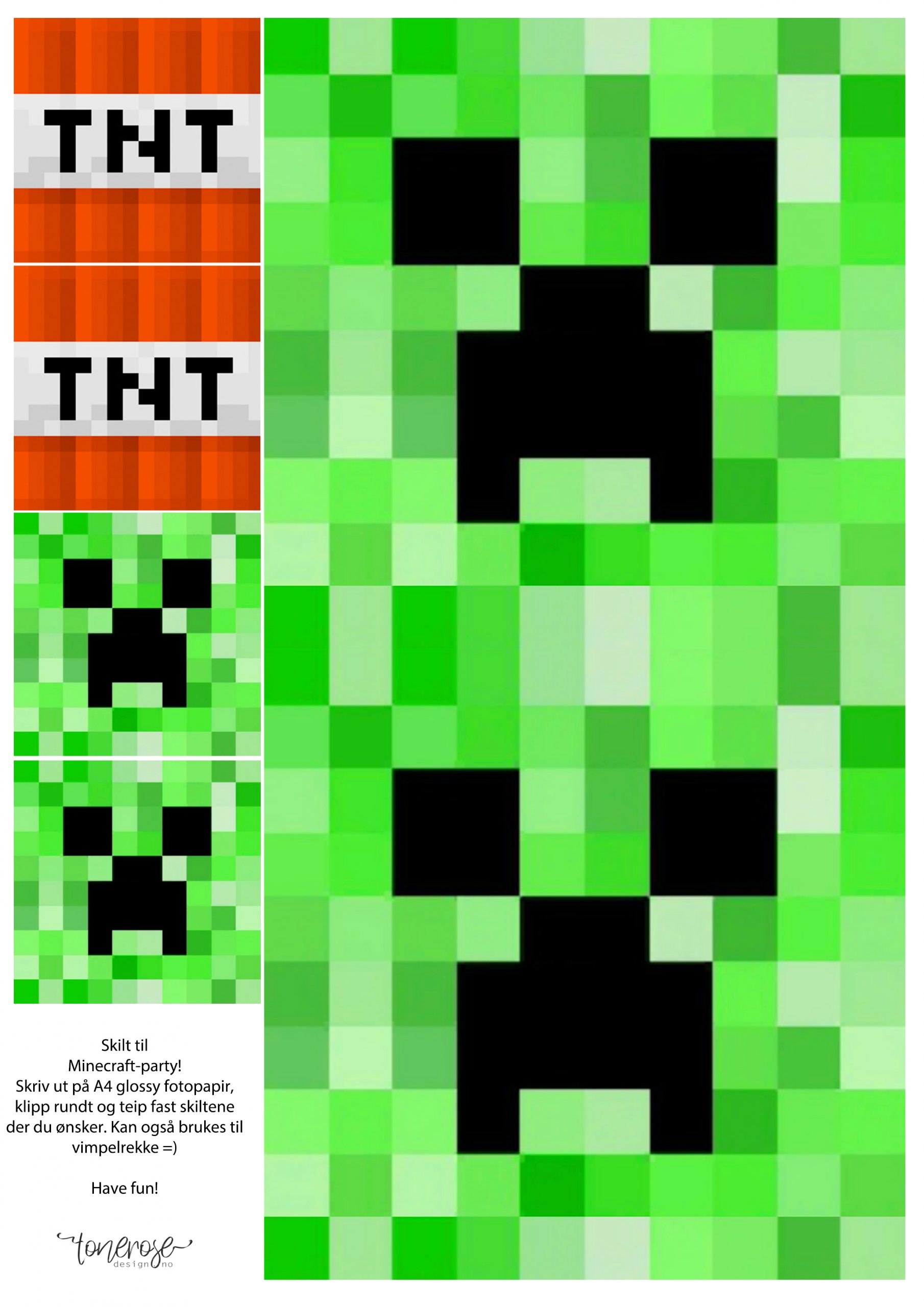 Minecraft party pynt // Gratis skilt – ToneroseDesign